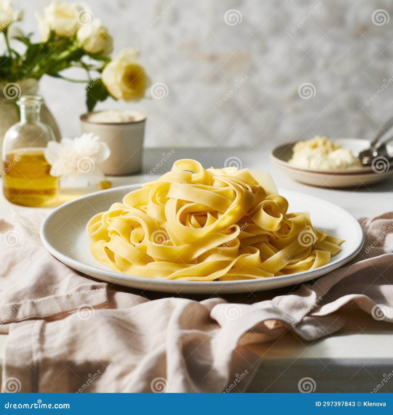 White Plate of Italian Pasta on a Kitchen Table Stock Image - Image of ...