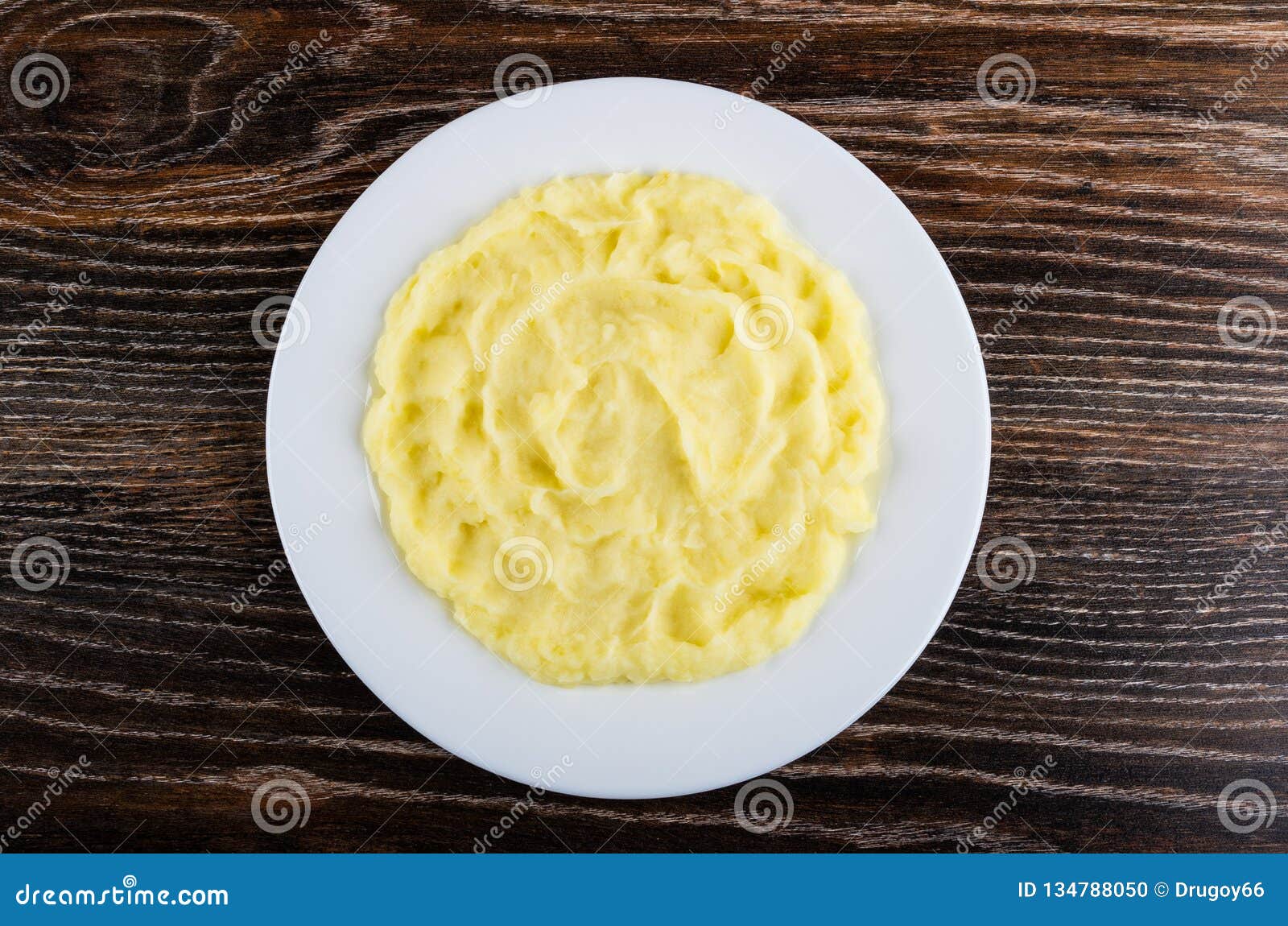 White Plate with Mashed Potato on Table. Top View Stock Photo - Image ...