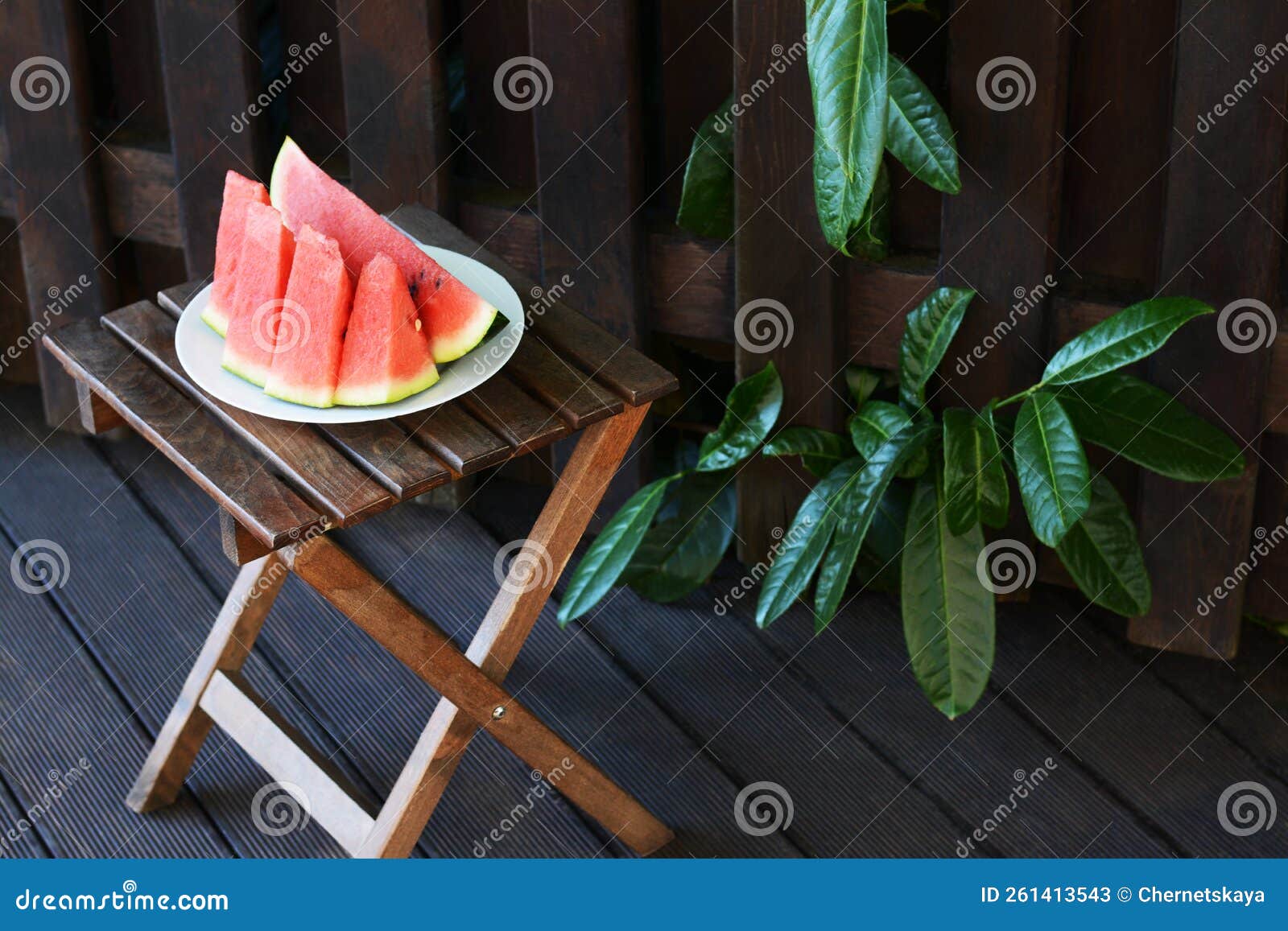 White Plate with Sliced Watermelon on Wooden Stool Outdoors. Space for ...