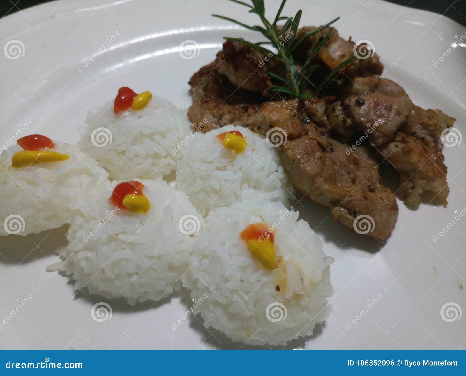 Tiny Mounds of White Rice with Tasty Meat Stock Photo - Image of tiny ...