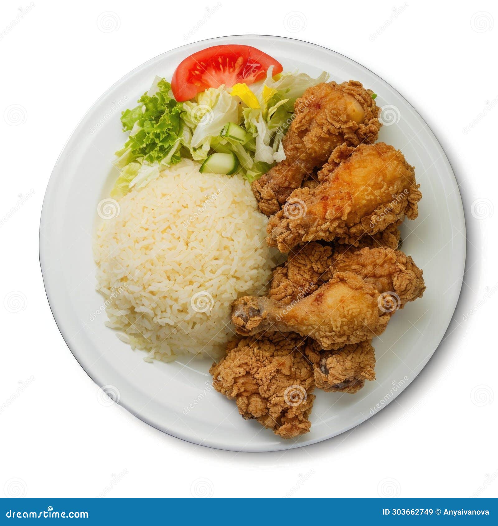 A White Plate Topped with Fried Chicken and Rice Stock Image - Image of ...