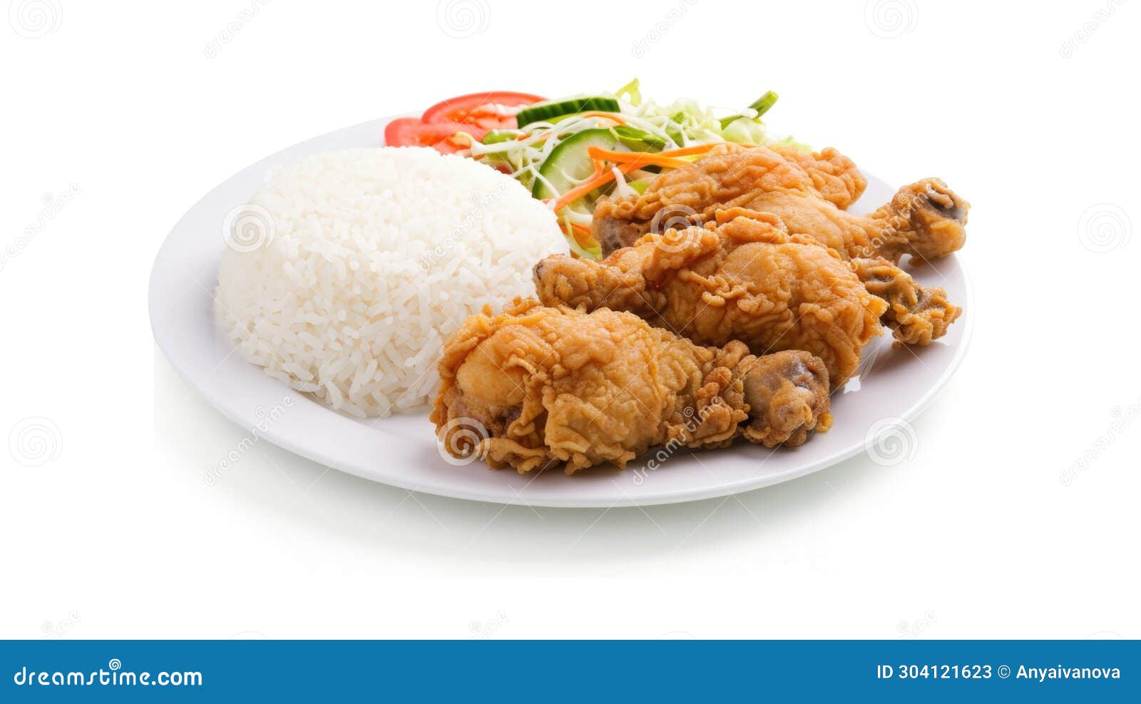 A White Plate Topped with Fried Chicken and Rice Stock Image - Image of ...