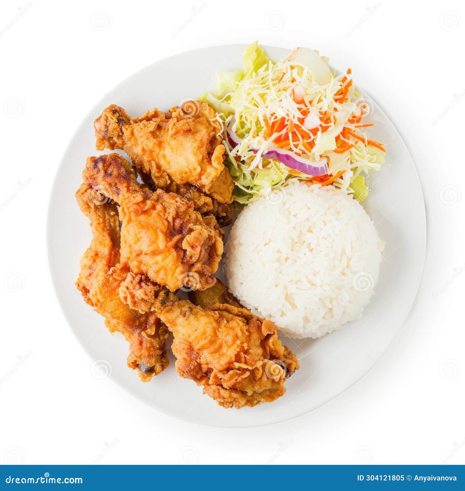 A White Plate Topped with Fried Chicken and Rice Stock Image - Image of ...
