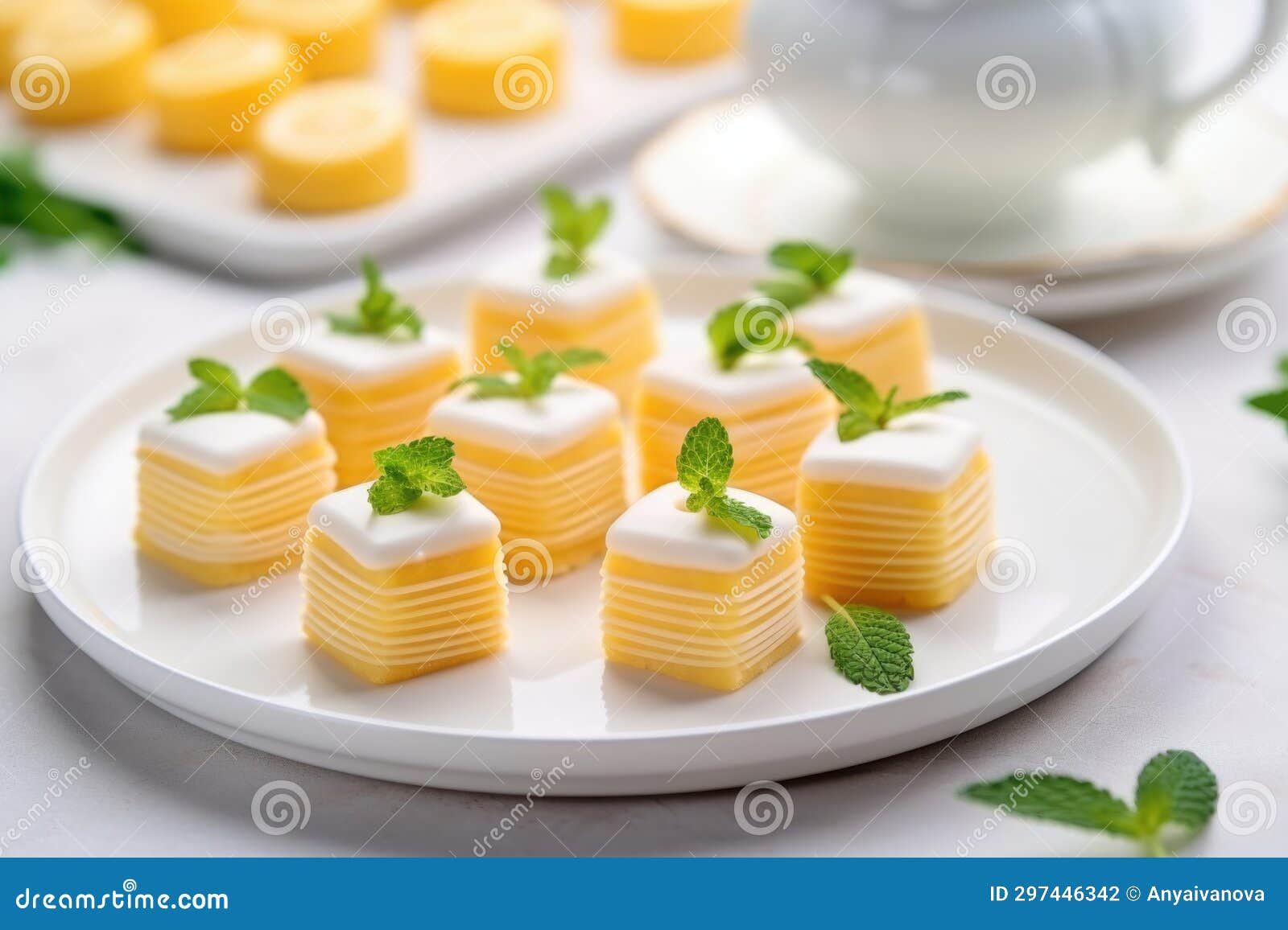A White Plate Topped with Mini Cakes Covered in Icing Stock Photo ...
