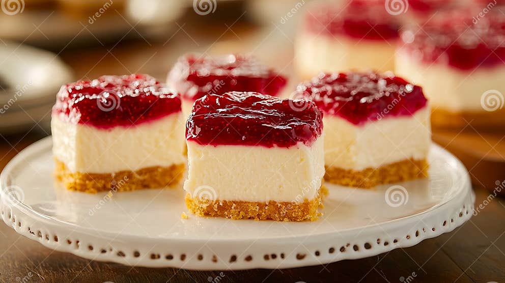 A White Plate Topped with Mini Cheesecakes Covered in Raspberry Jam ...