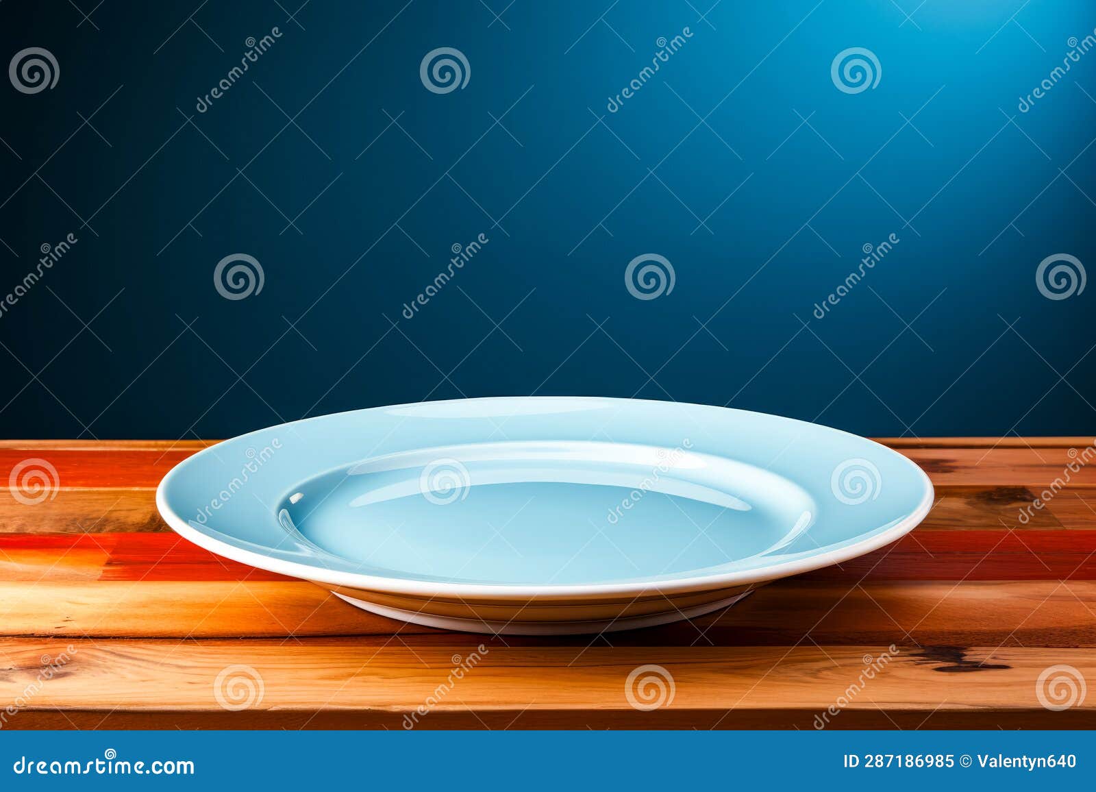 White Plate on Wooden Table with Blue Background. Generative AI Stock ...