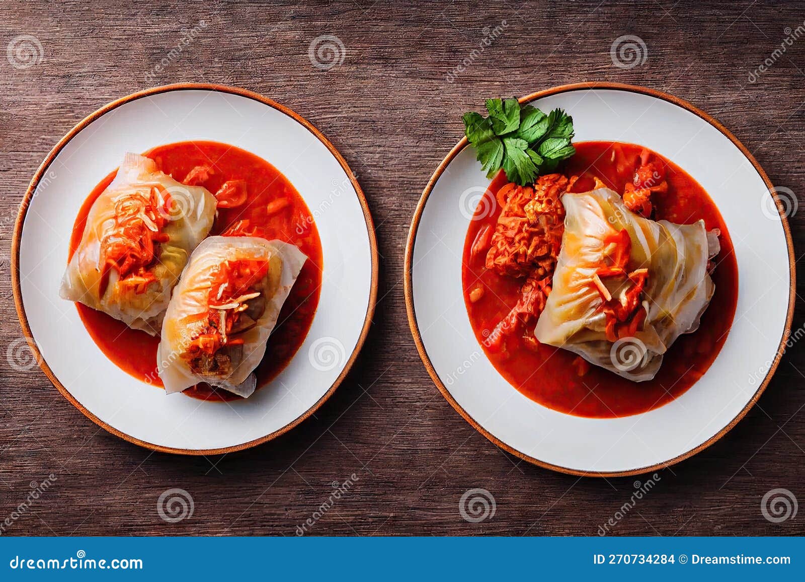 White Plates with Portion of Stuffed Cabbage Rolls in Bright Tomato ...