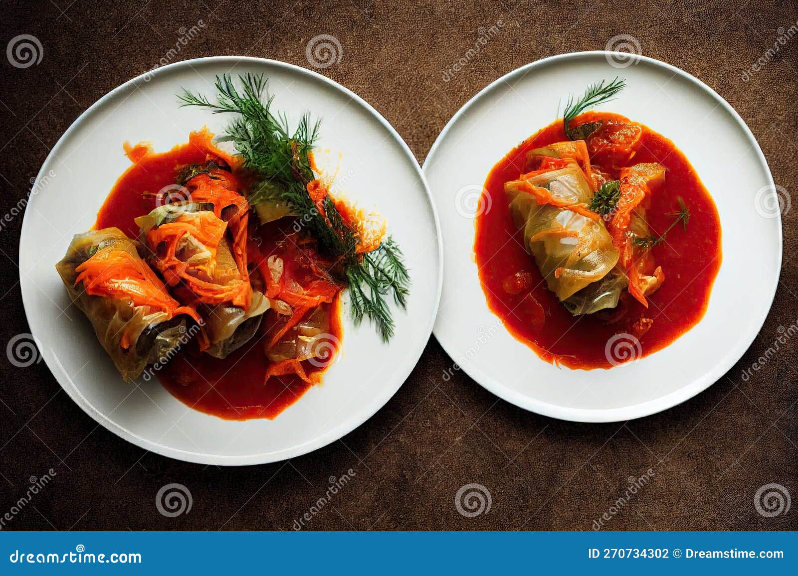 White Plates with Portion of Stuffed Cabbage Rolls in Bright Tomato ...