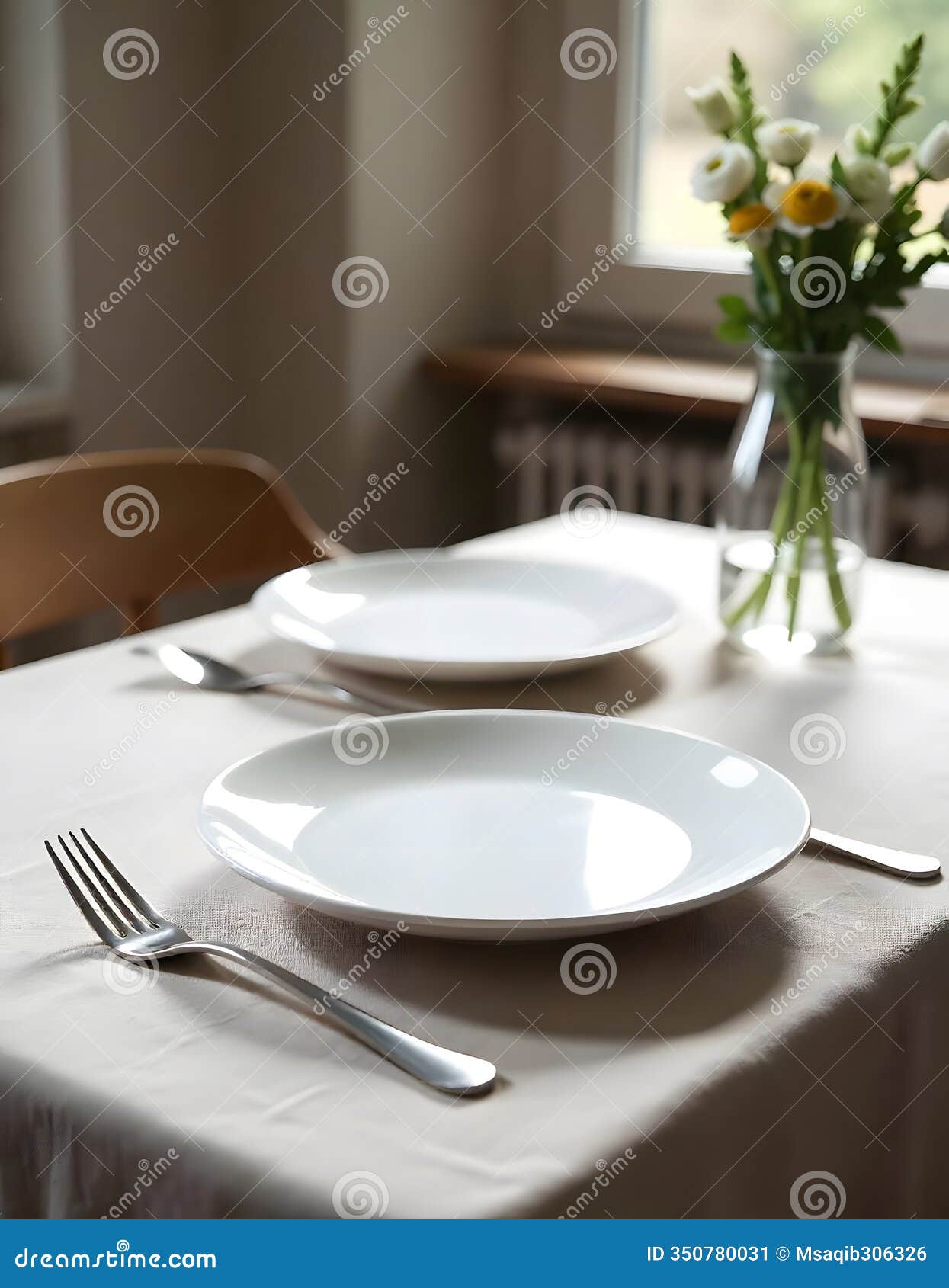 White Plates and Silverware Tilted, Dinnerware Plates at Table, Kitchen ...