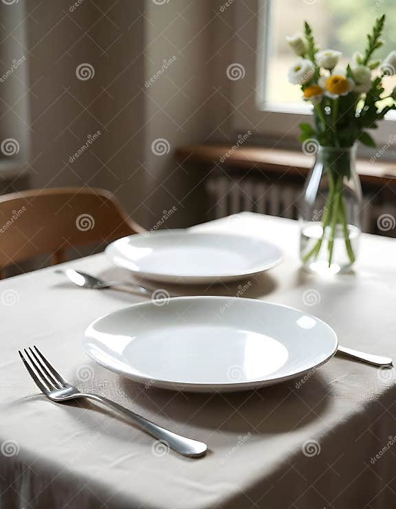 White Plates and Silverware Tilted, Dinnerware Plates at Table, Kitchen ...