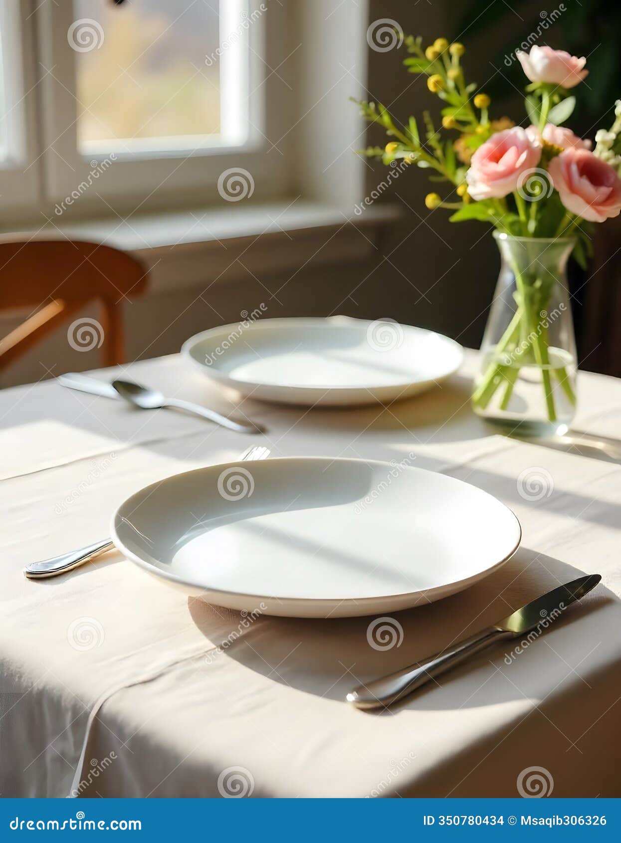 White Plates and Silverware Tilted, Dinnerware Plates at Table, Kitchen ...