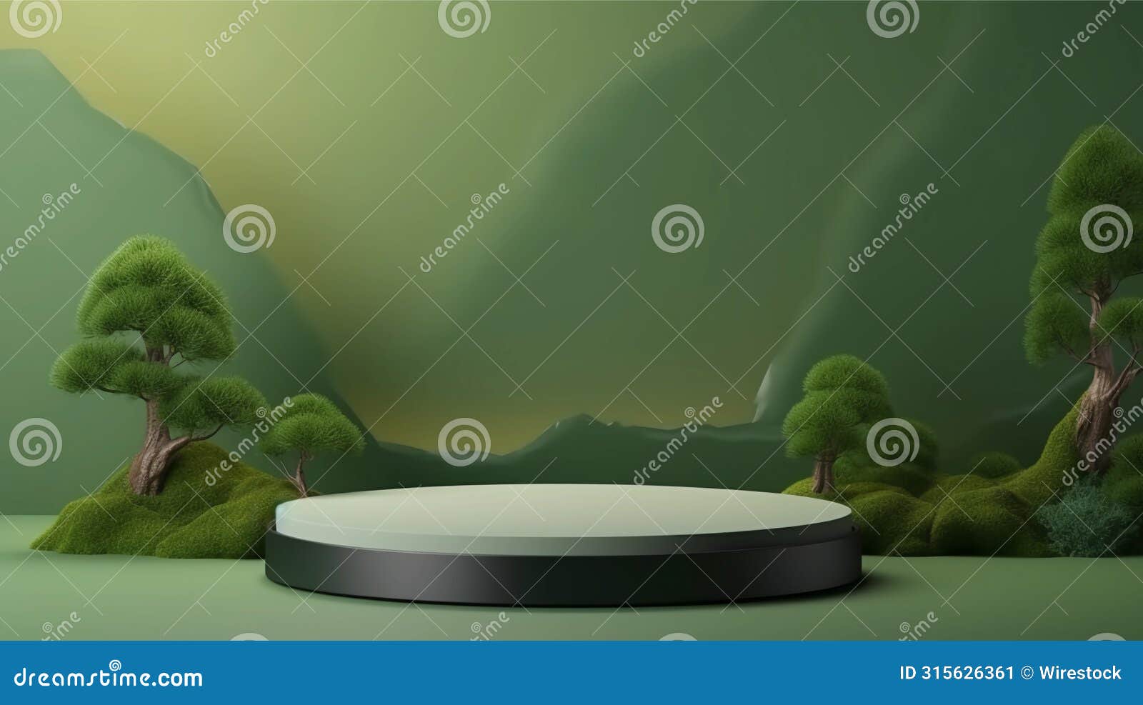 White Platform Against Lush Green Hills and Trees, AI-generated. Stock ...