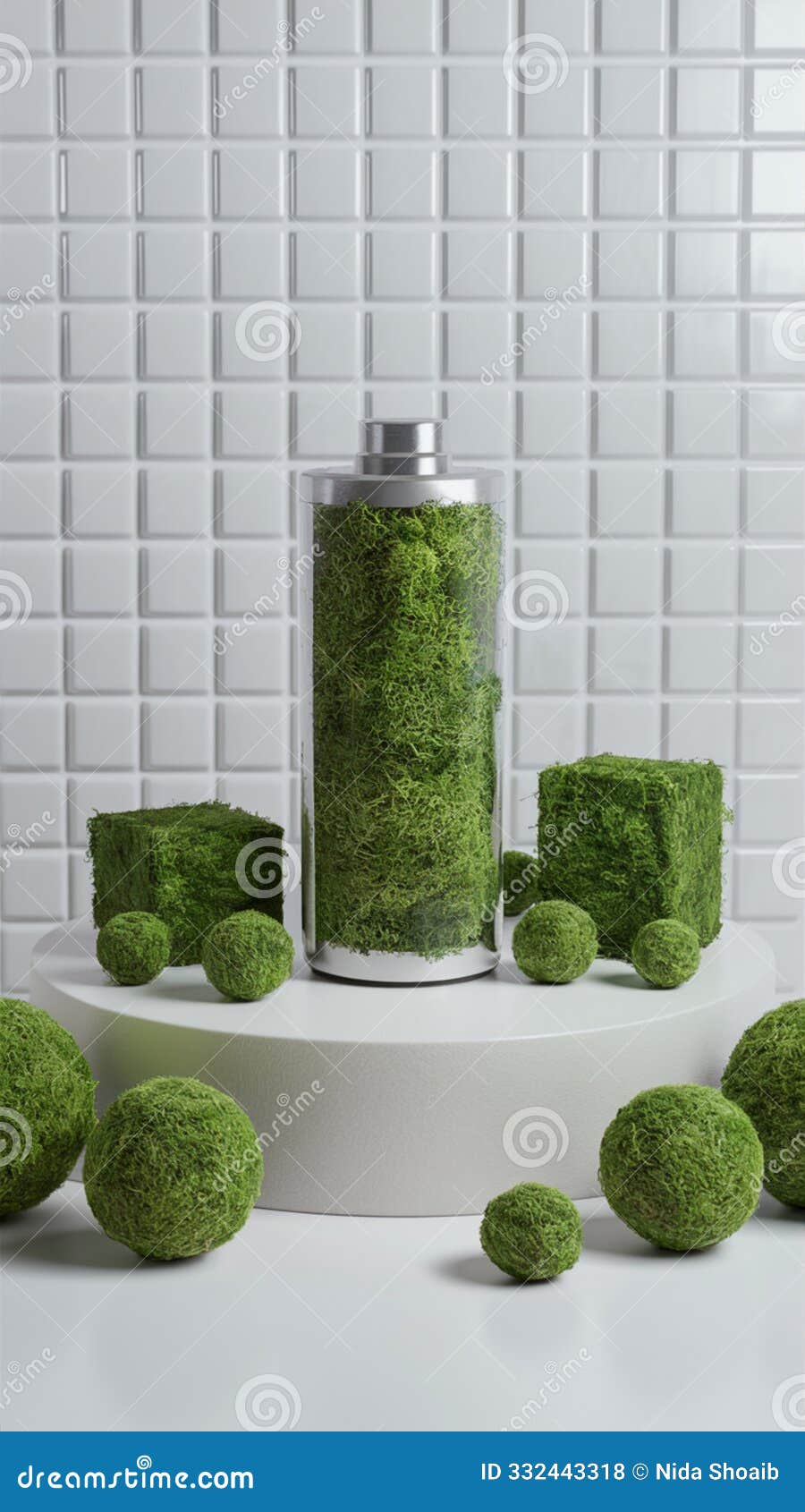White Platform Features Battery Shaped Moss Object, Surrounded by Moss ...