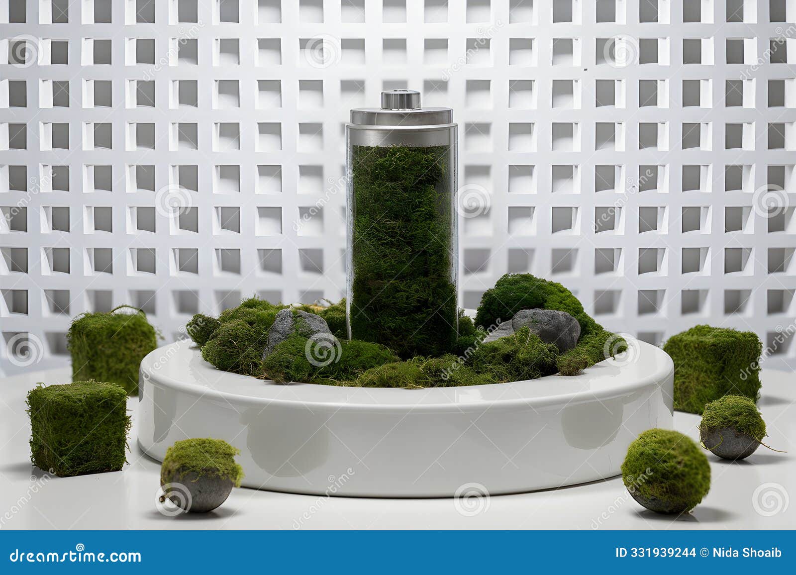 White Platform Features Battery Shaped Moss Object, Surrounded by Moss ...