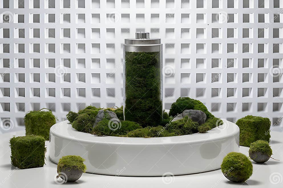 White Platform Features Battery Shaped Moss Object, Surrounded by Moss Covered Shapes on Grid ...