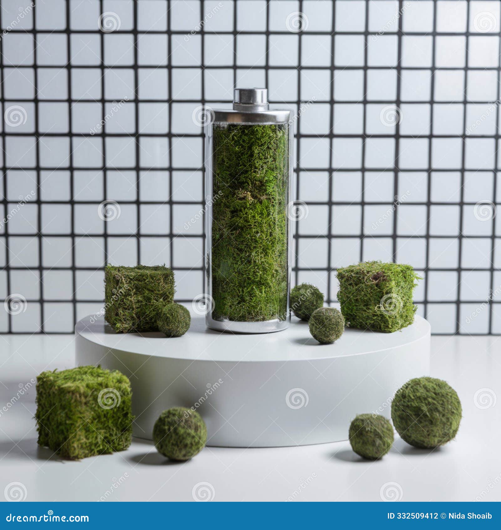 White Platform Features Battery Shaped Moss Object, Surrounded by Moss ...
