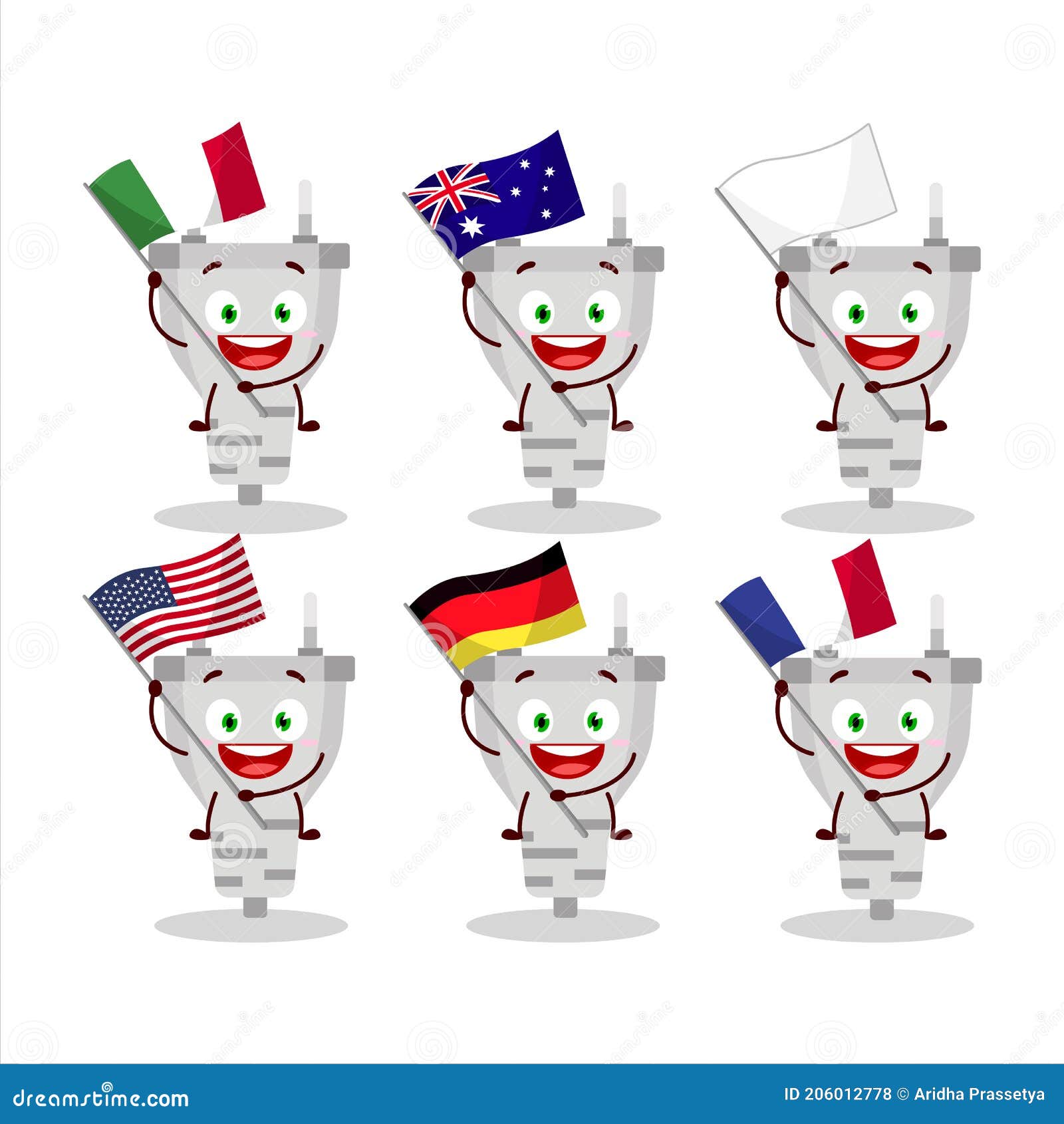 White Plug Cartoon Character Bring the Flags of Various Countries Stock ...