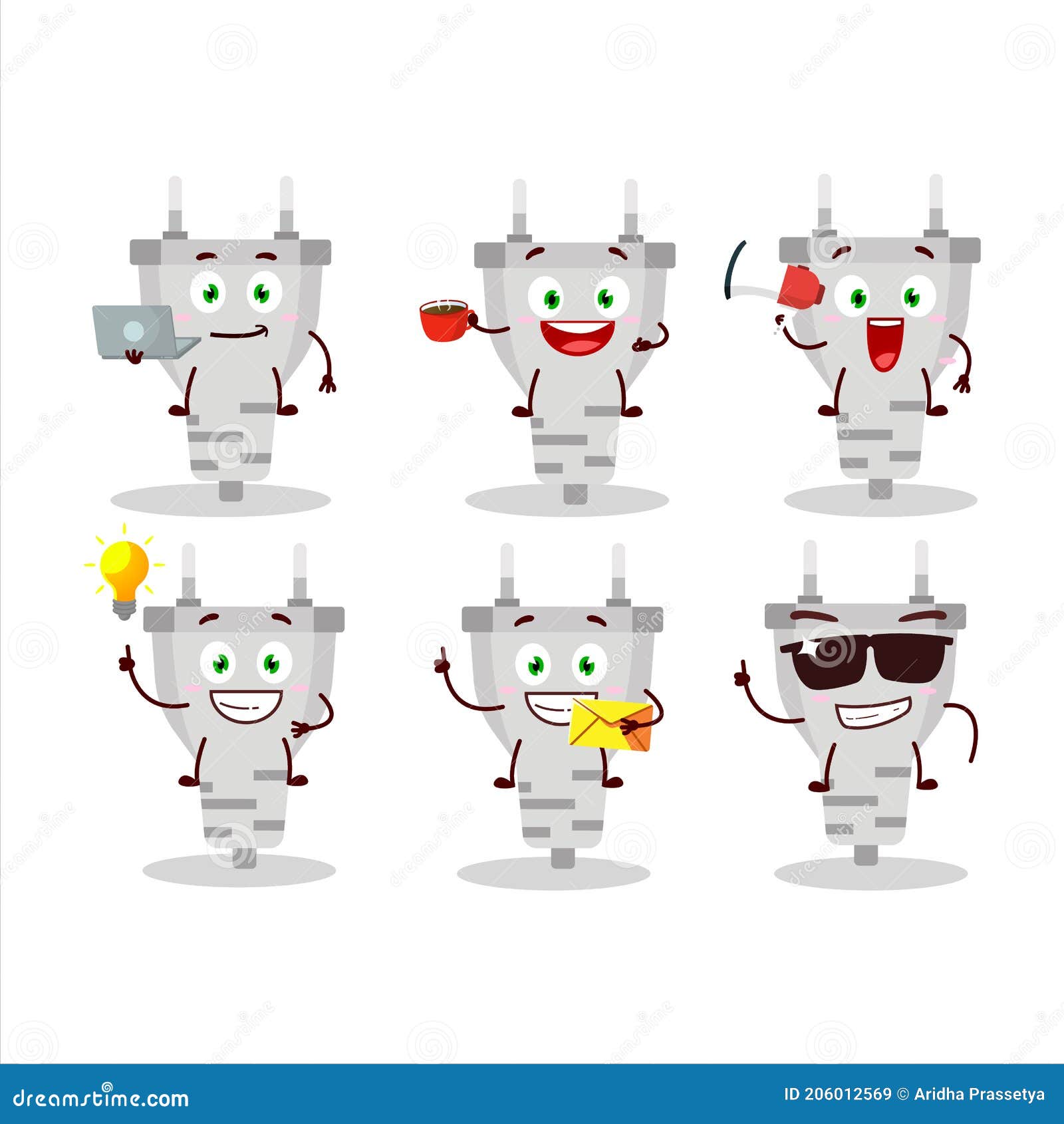 White Plug Cartoon Character with Various Types of Business Emoticons ...