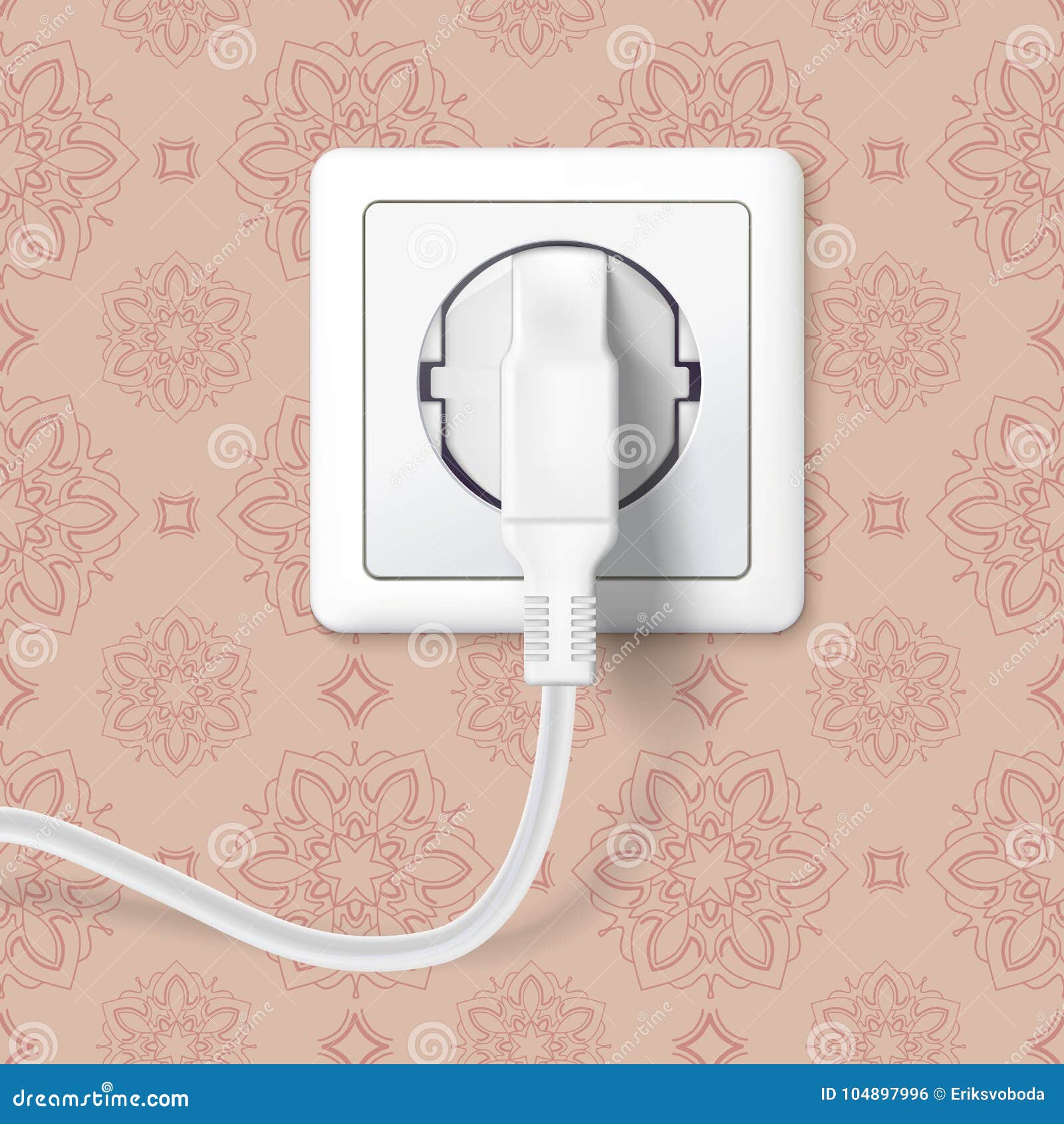 White Plug Inserted in a Wall Socket on Backdrop of Wall with Wallpaper ...