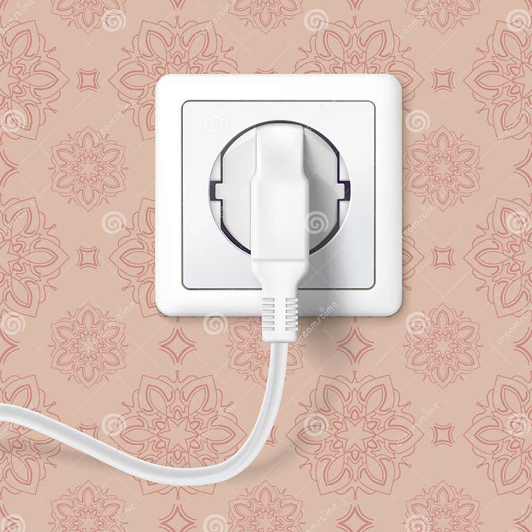 White Plug Inserted in a Wall Socket on Backdrop of Wall with Wallpaper ...