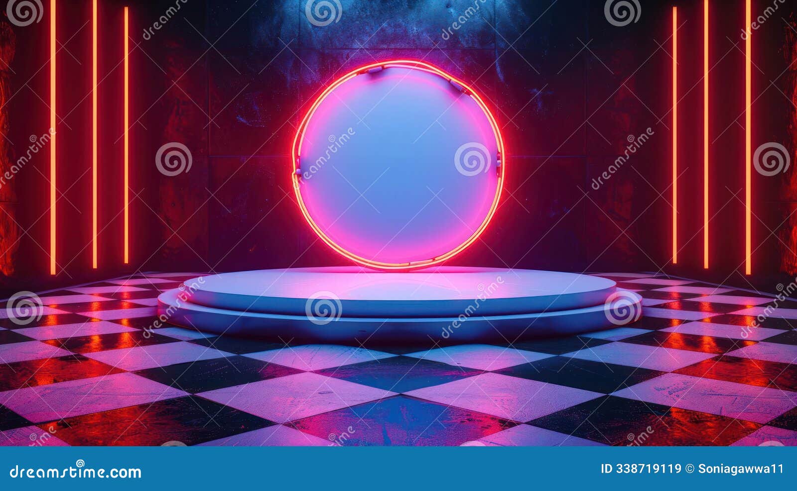A White Podium with a Neon Pink Circle on a Checkerboard Floor with ...