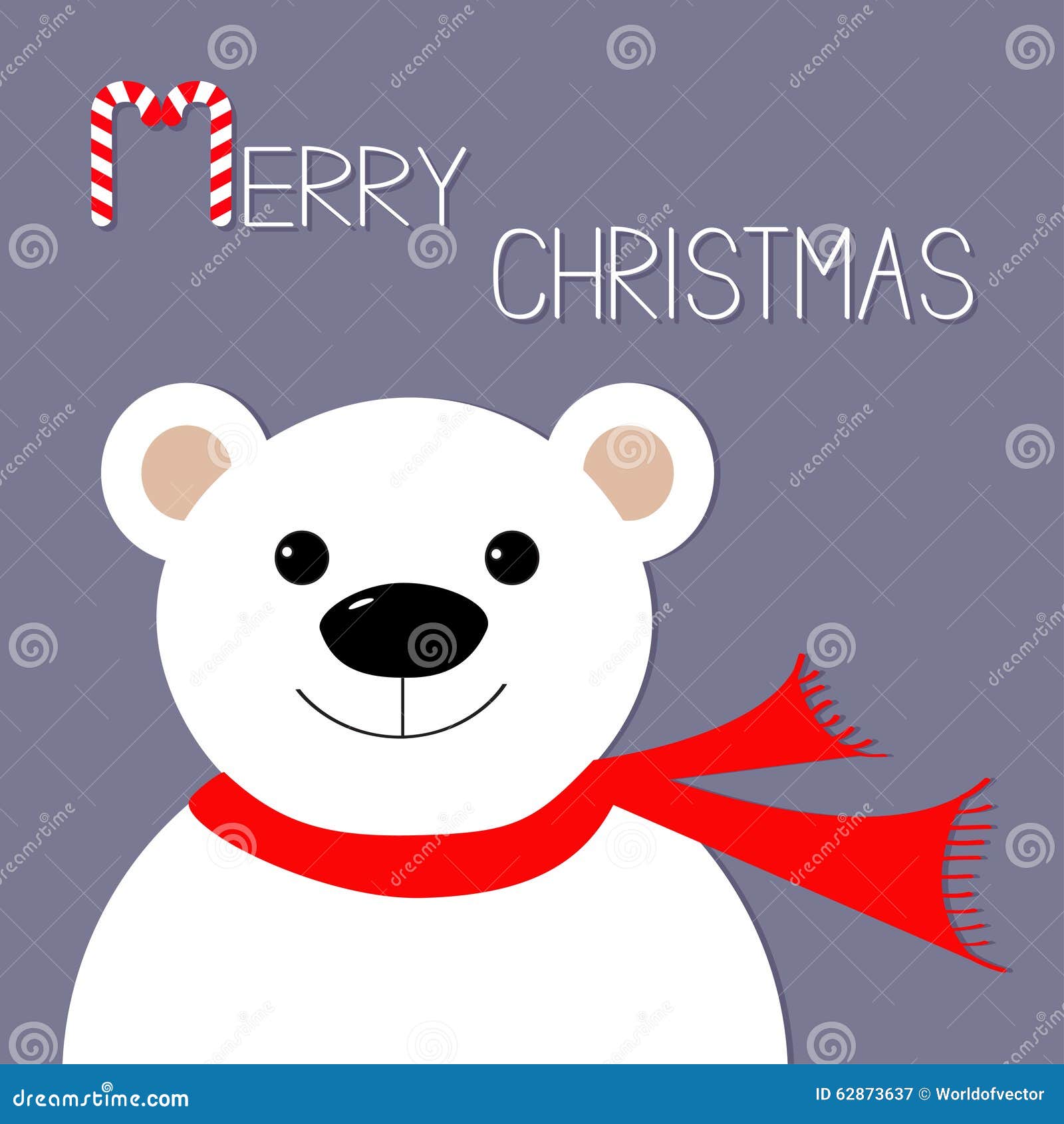 White Polar Bear In Red Scarf Candy Cane Merry Christmas Greeting