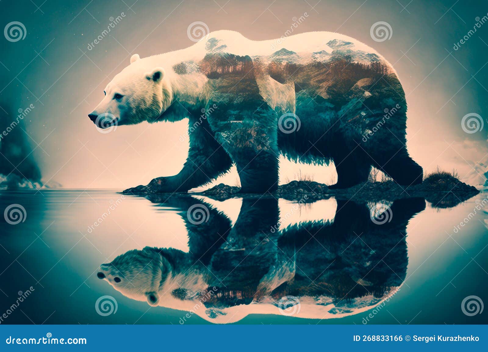 White Polar Bear with Reflection in the Water. Polar Bear and Nature ...