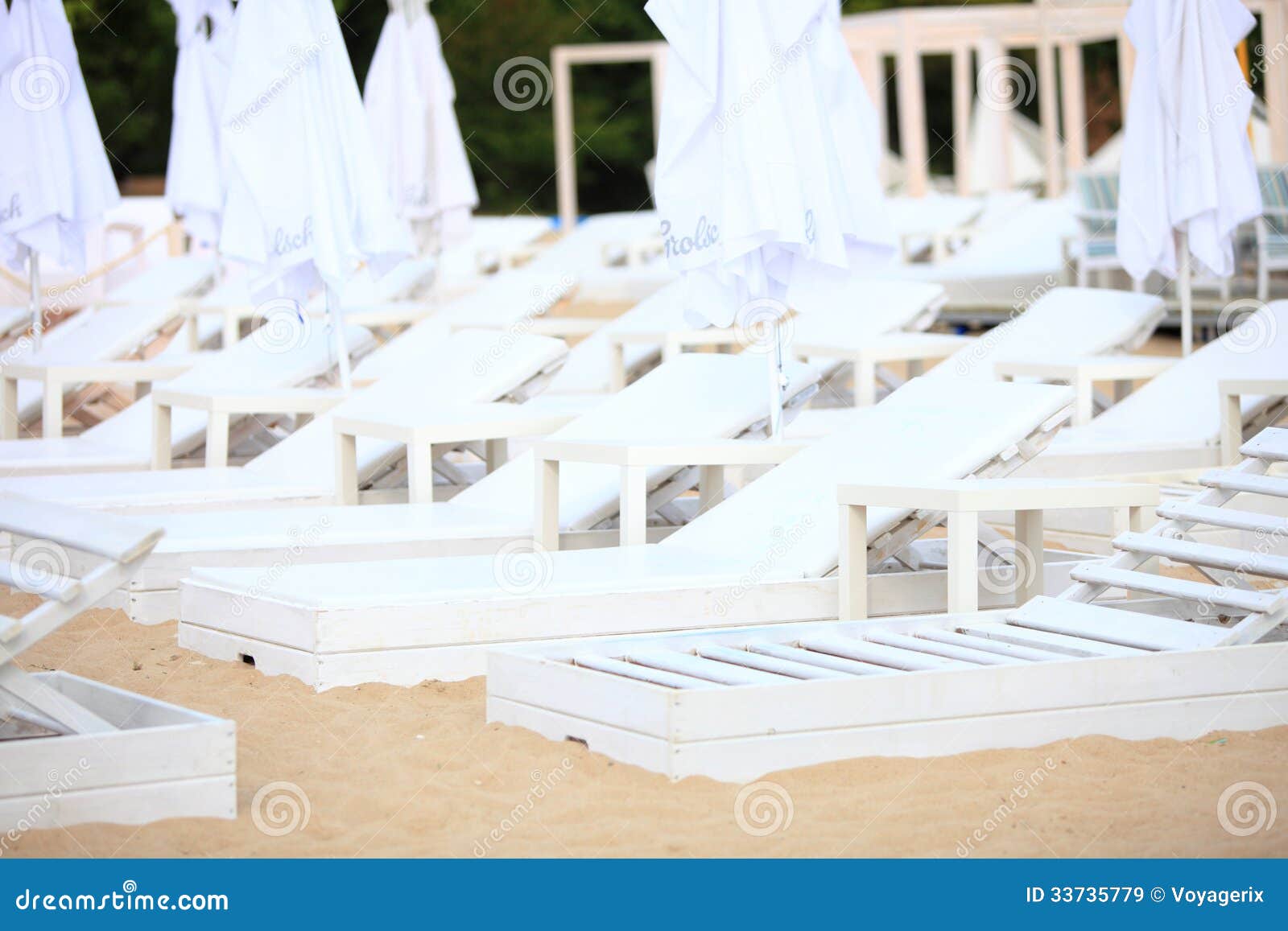 White Pool Chairs on Sand Beach Stock Image - Image of beach, relax ...