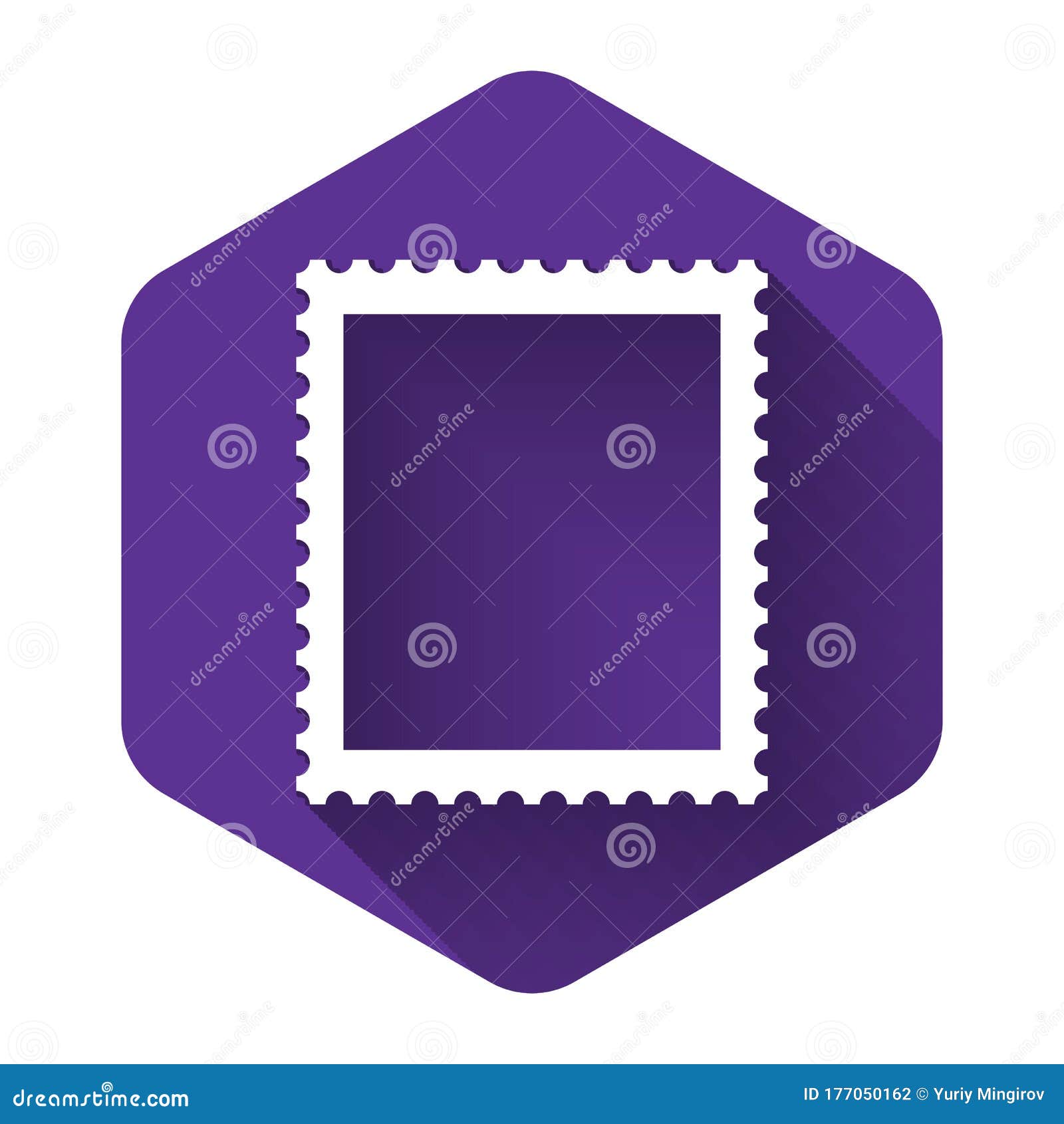 White Postal Stamp Icon Isolated with Long Shadow. Purple Hexagon ...
