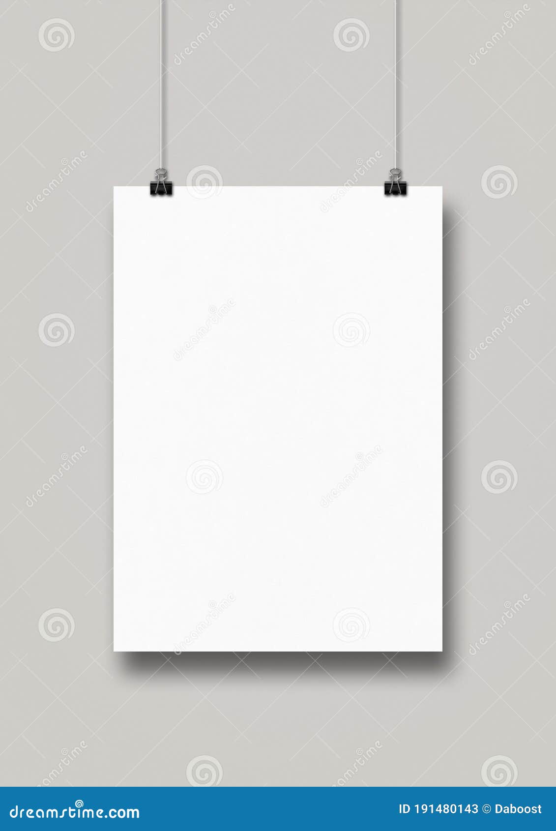 White Poster Hanging on a Clean Wall with Clips Stock Image - Image of ...