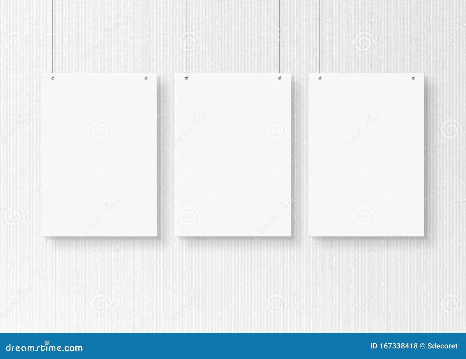 White Poster Isolated Hanging by Strings on Wall Mockup 3D Rendering ...