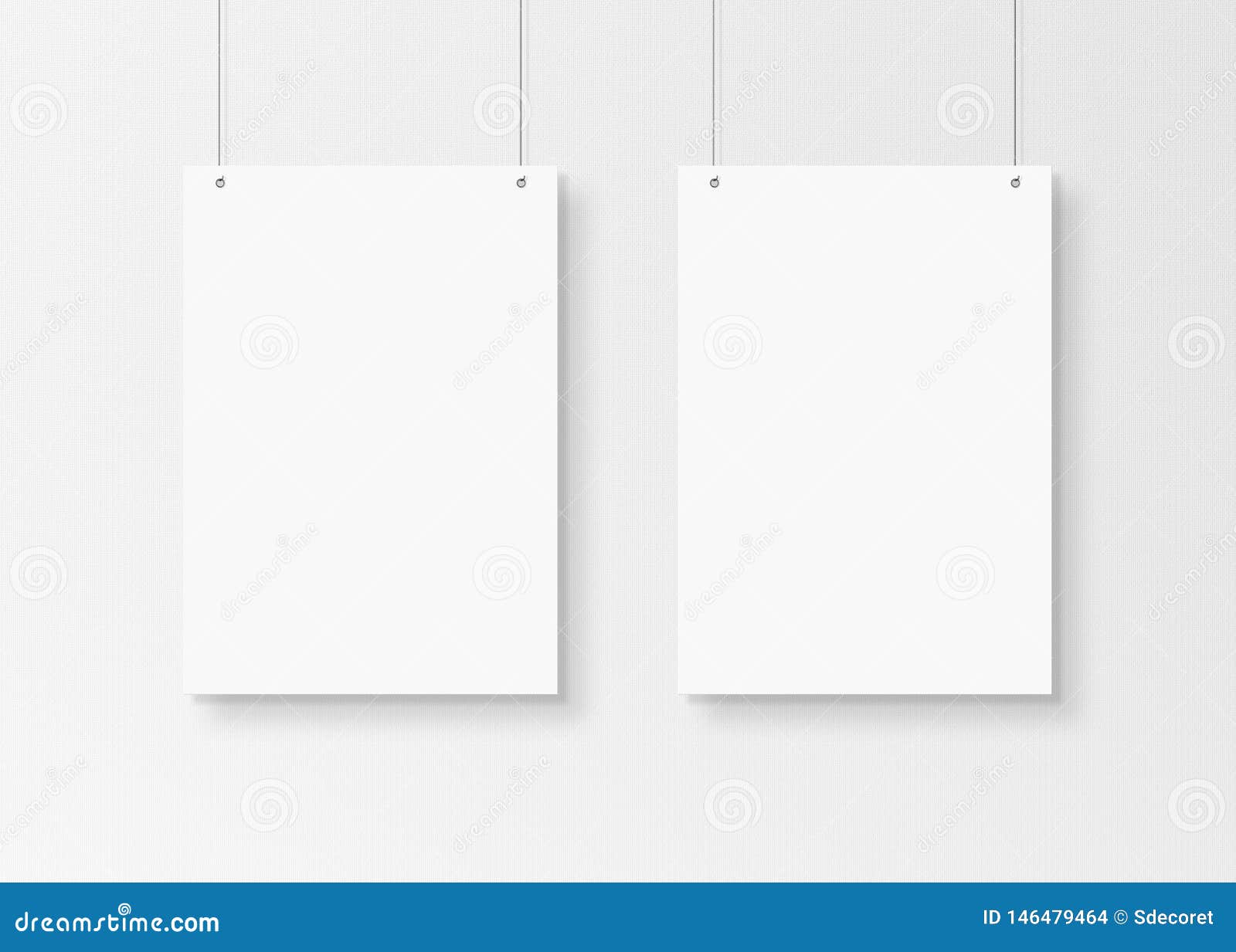 White Poster Isolated Hanging by Strings on Wall Mockup 3D Rendering ...