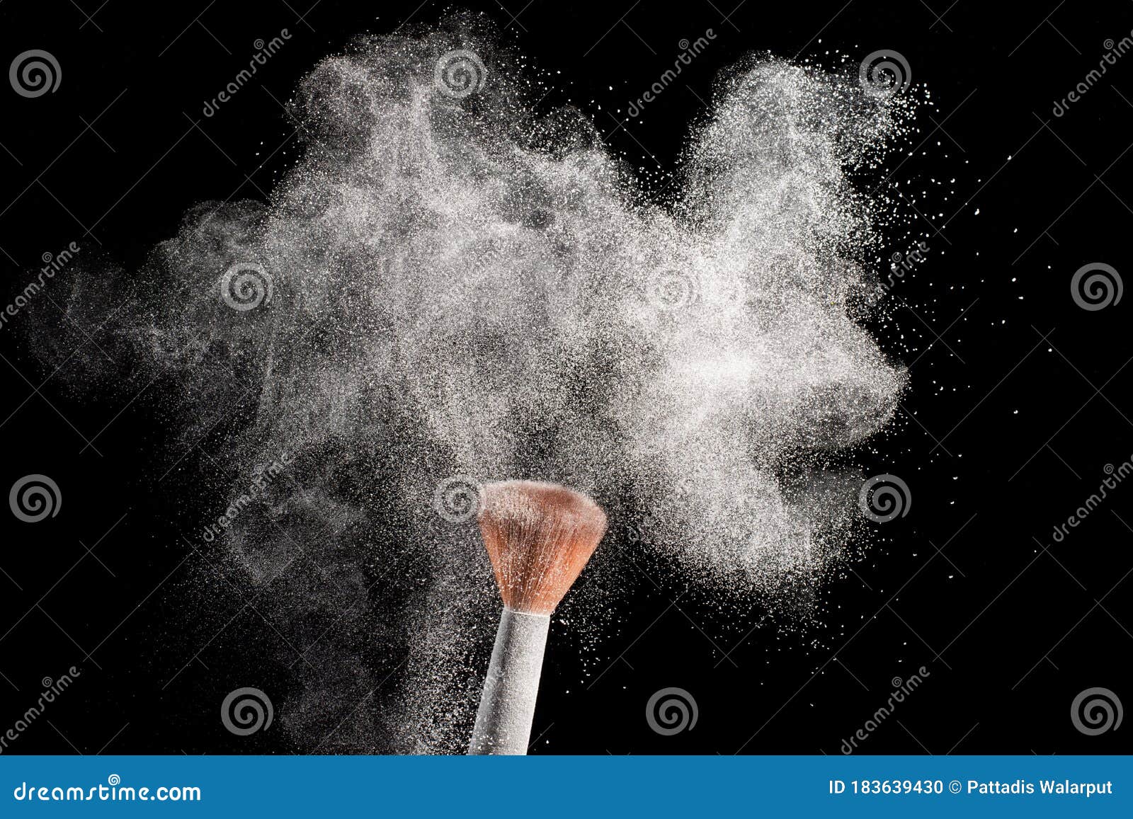 White Powder Splash with Make Up Brush Blusher Isolated on Black ...