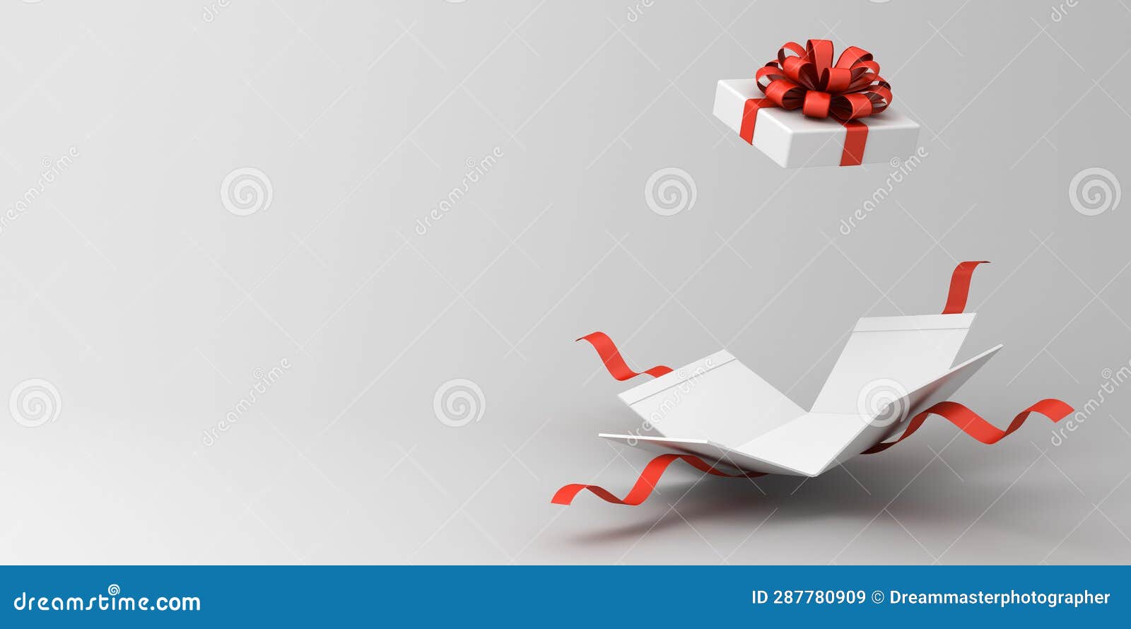 White Present Box Open or Gift Box with Red Ribbons Bow on White Grey ...