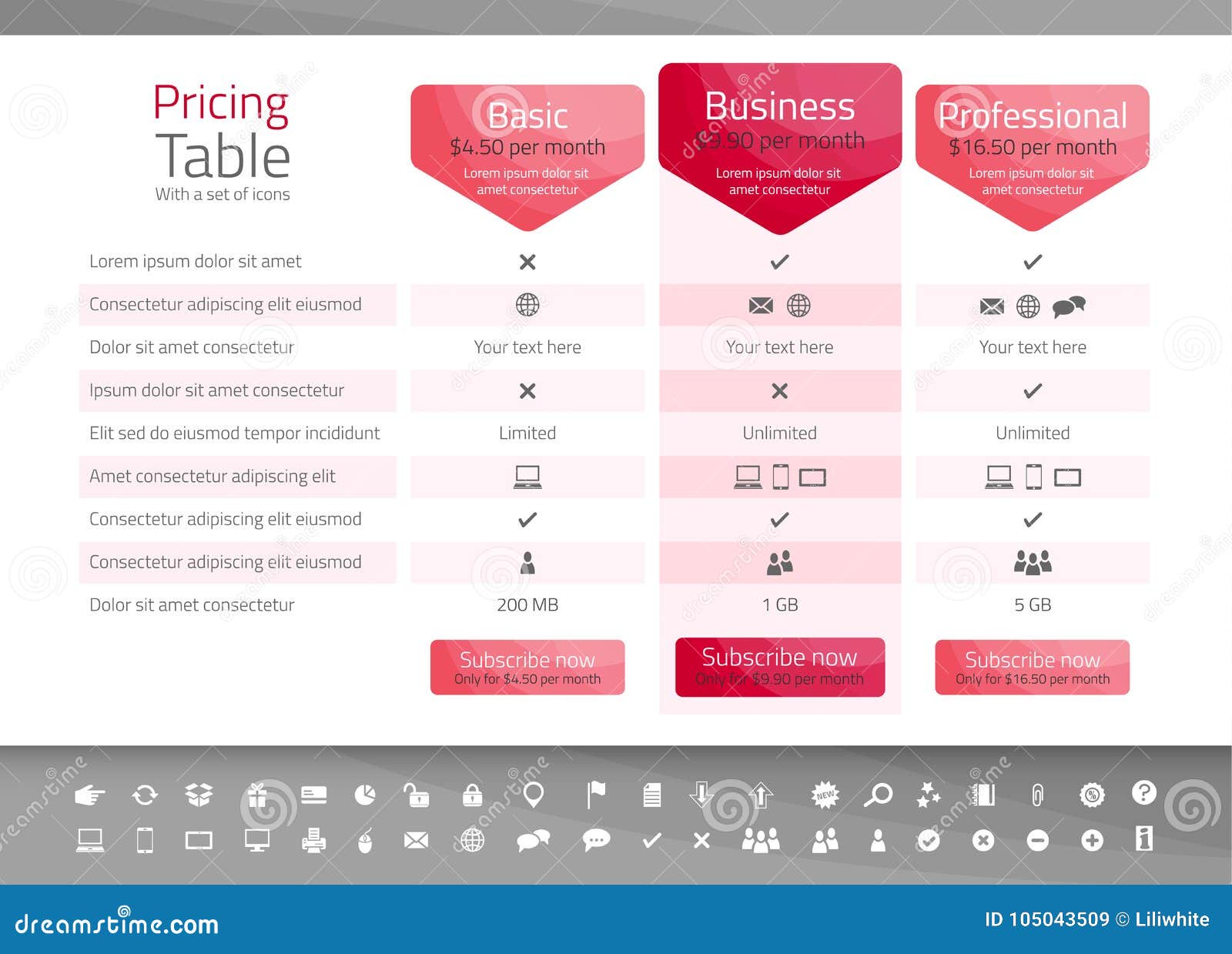 Light Pricing Table in Red Color with 3 Options. I Stock Vector ...