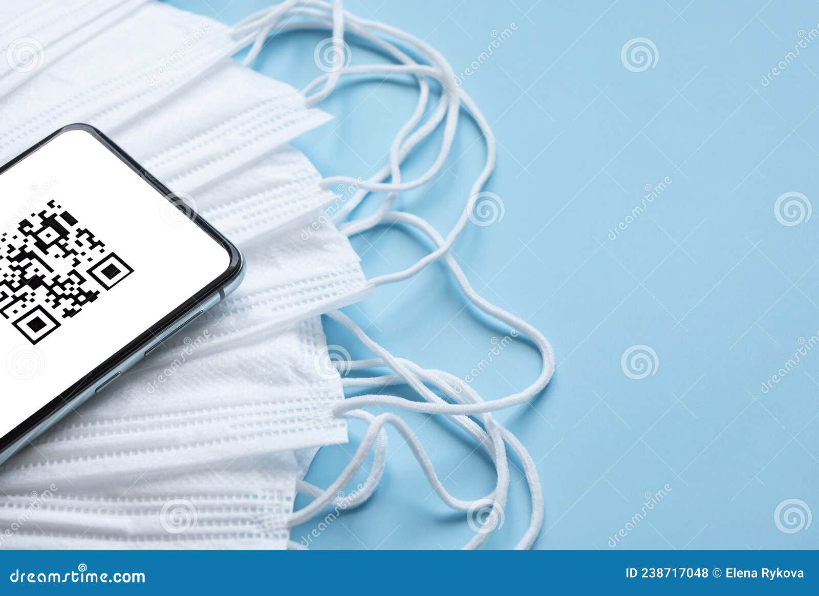 White Protective Face Masks and Phone with Qr Code Stock Photo - Image ...