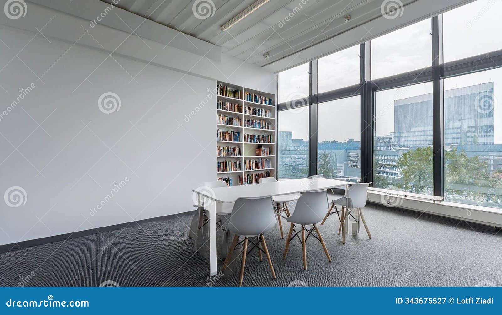 White Public Library Reading Room Corner with Table and Blank Wall ...