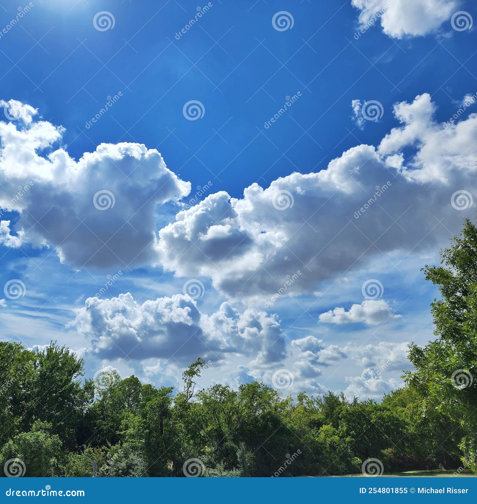 White Puffy Clouds, Deep Blue Sky and Green Trees in Foreground Stock ...
