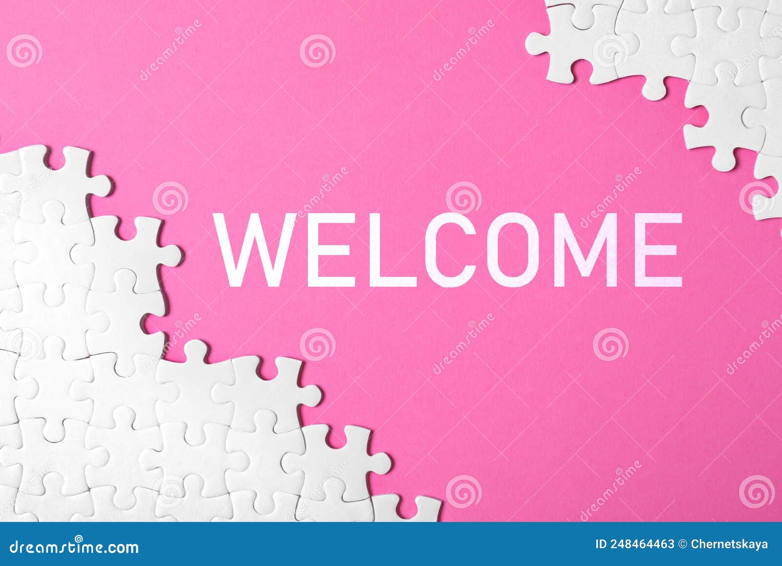 White Puzzle Pieces and Word WELCOME on Pink Background, Flat Lay Stock ...