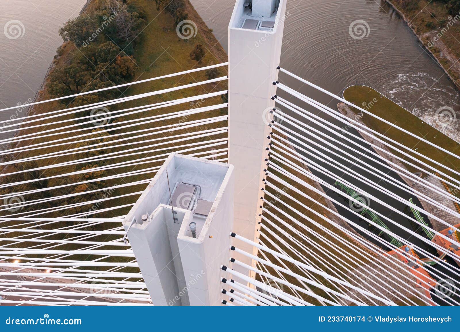 White Pylons of the Bridge Illuminated at Dusk, Top View Stock Photo ...
