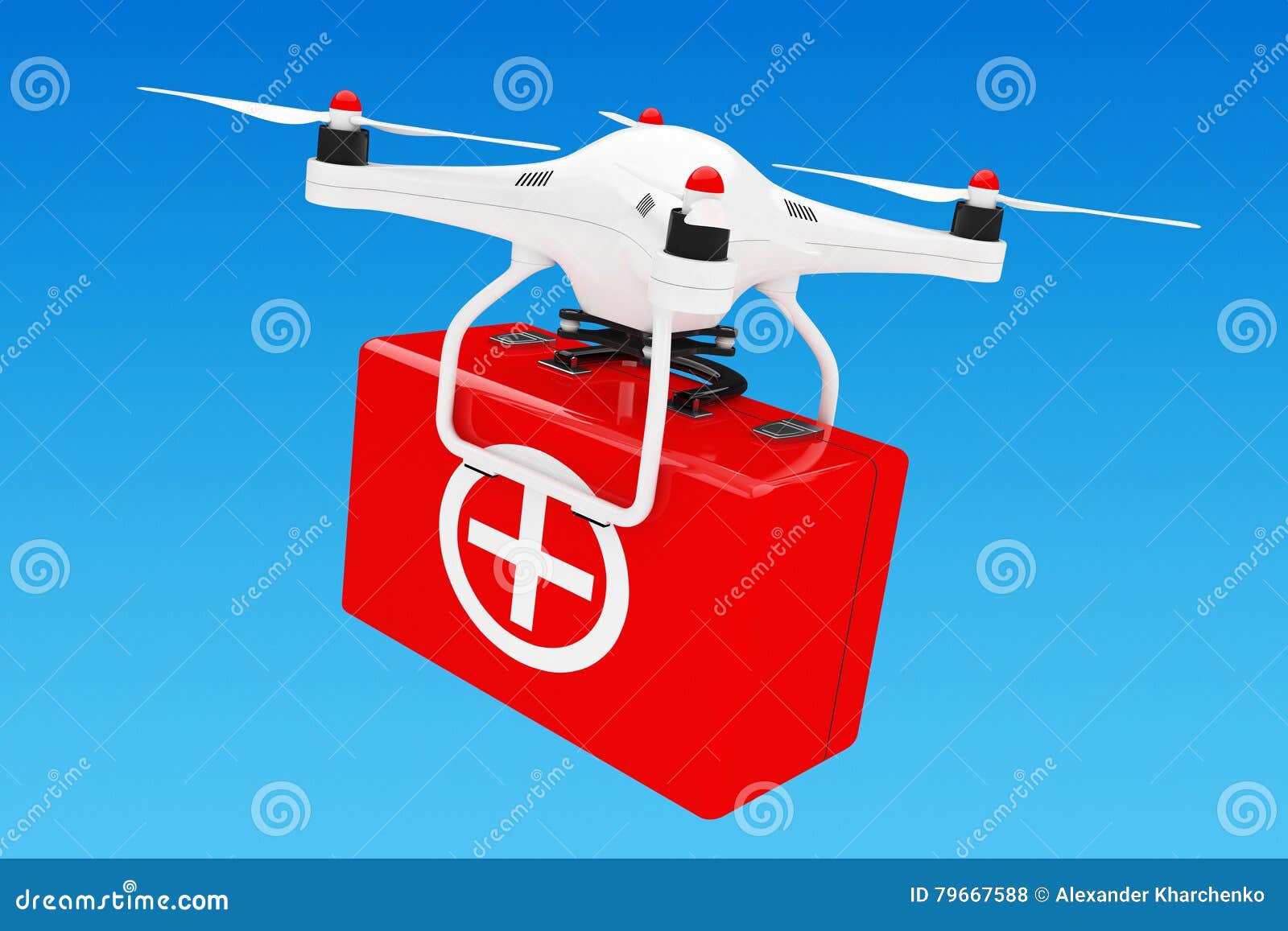 White Quadrocopter Drone with First Aid Kit. 3d Rendering Stock ...