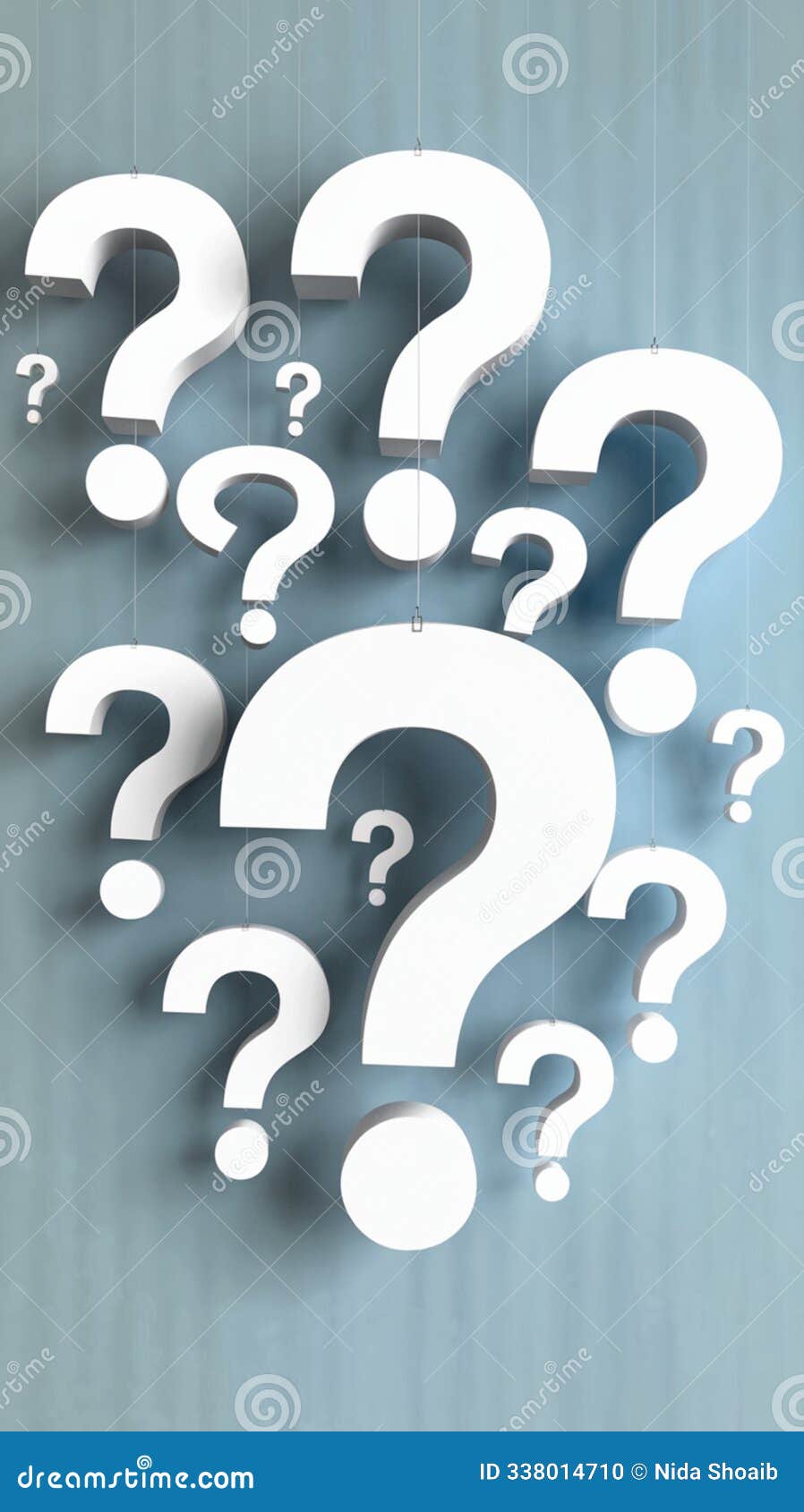 White Question Marks Hang Against Light Blue Background, Creating ...
