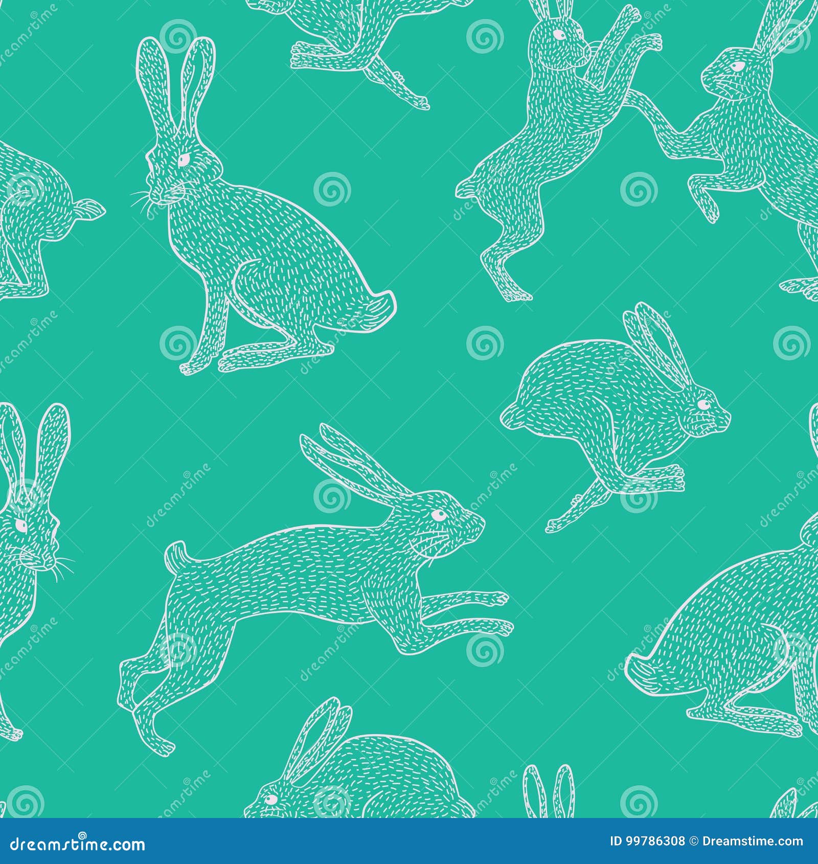 White Quirky Bunny Rabbit Repeat Pattern on Plain Green/blue Background ...