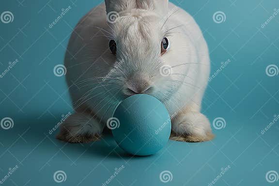 White Rabbit with Blue Egg Against Teal Studio Backdrop for Charming ...