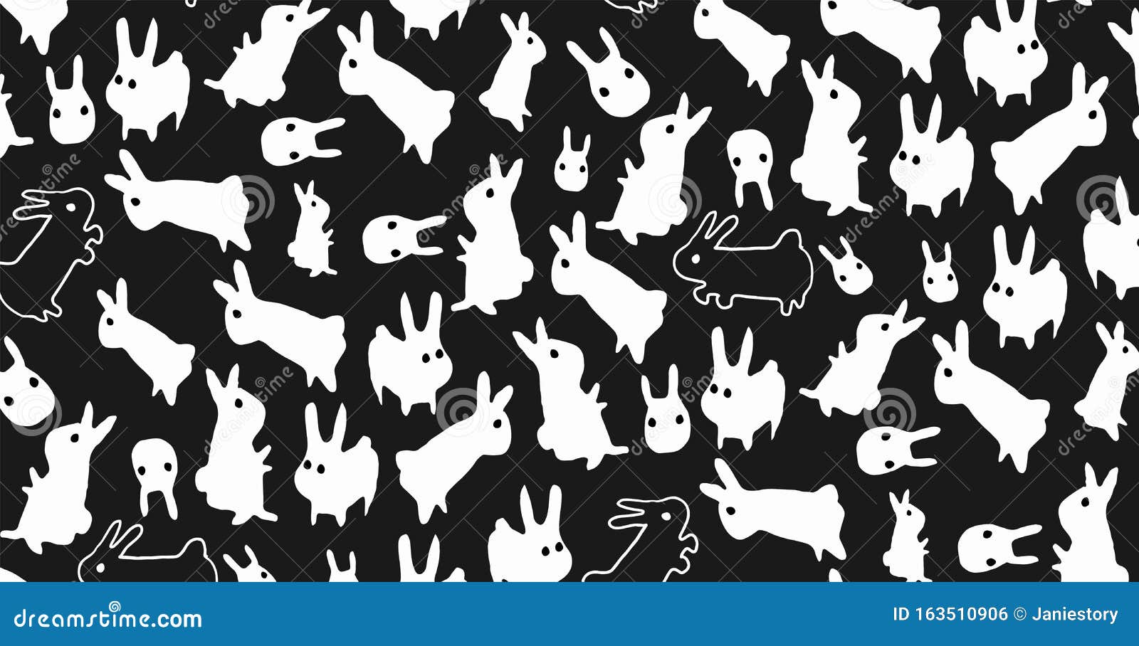 Cute Cartoon Rabbit Pattern Hite Bunny Repeating Texture On Black