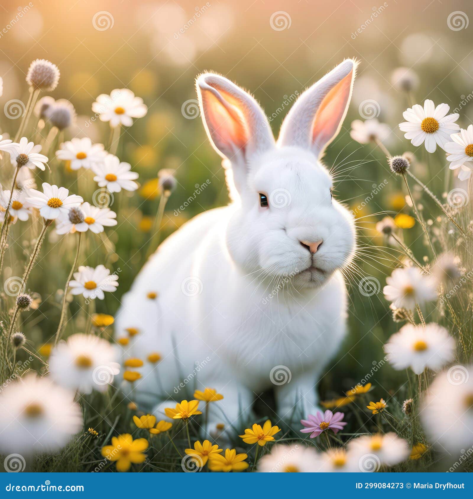 White Rabbit in Daisy Meadow Stock Illustration - Illustration of ...