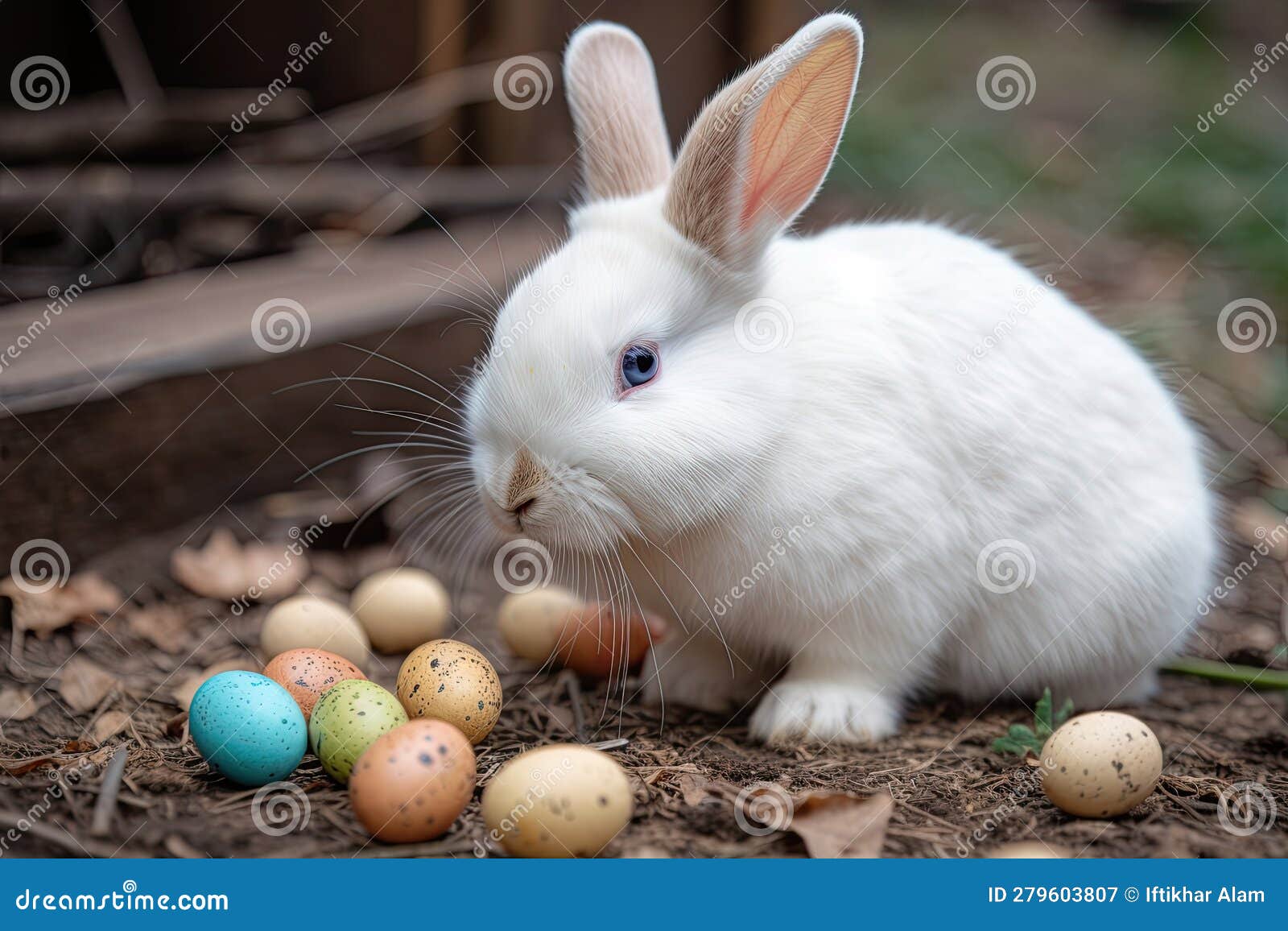 White Rabbit with Easter Eggs on the Ground in the Garden. Easter ...