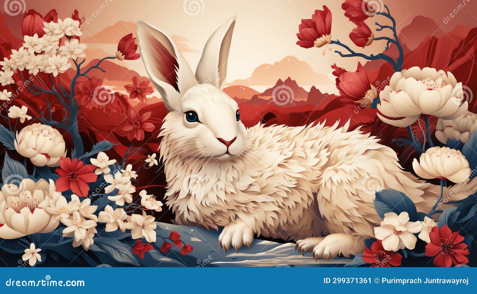 White Rabbit with Flowers on a Background of Nature Illustration Stock ...