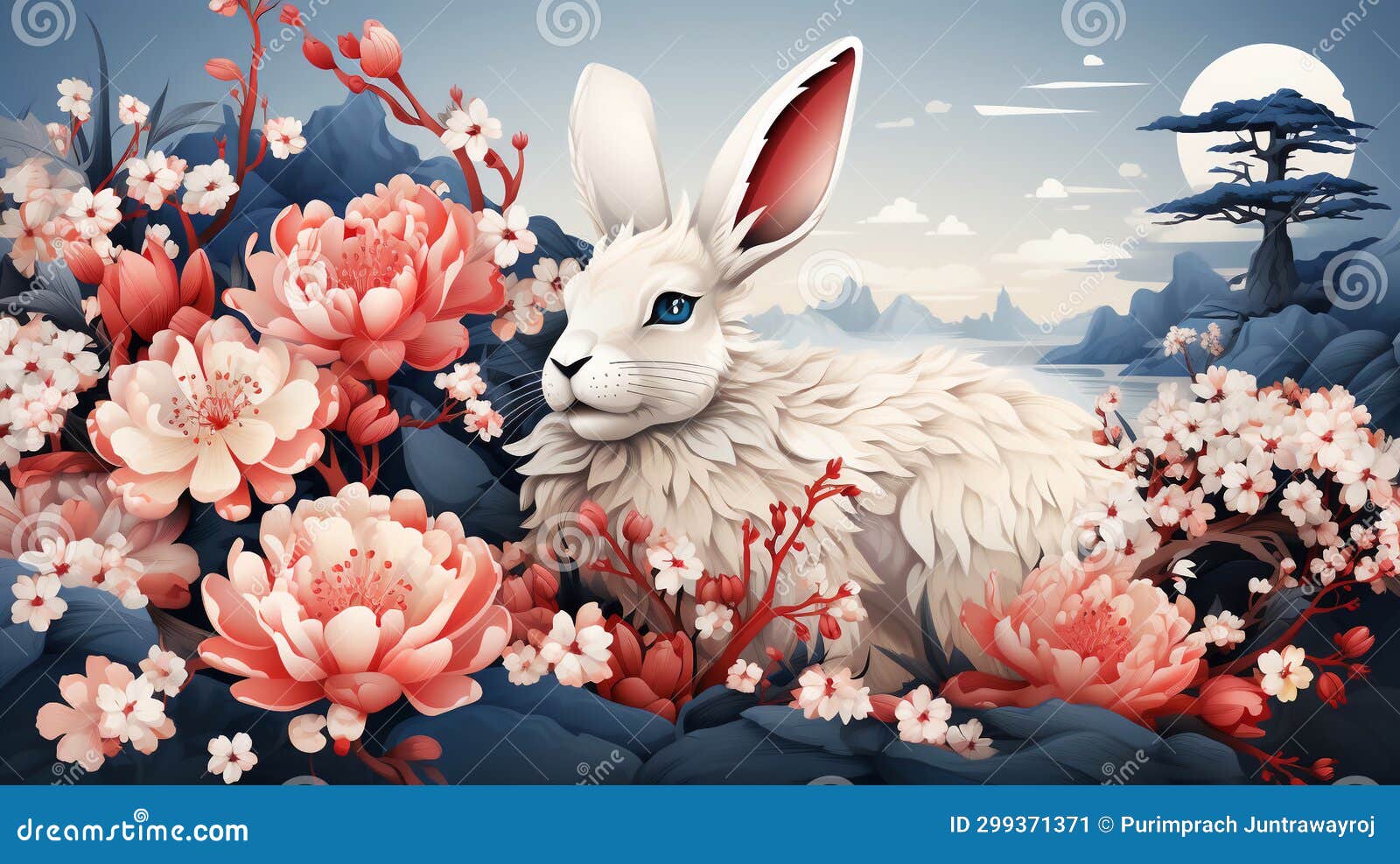 White Rabbit with Flowers on a Background of Nature Illustration Stock ...