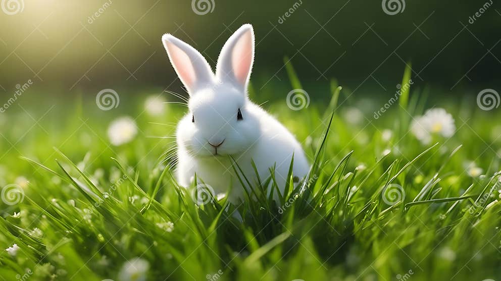White Rabbit on Green Grass Baby Easter Bunny Spring Green Grass Stock ...